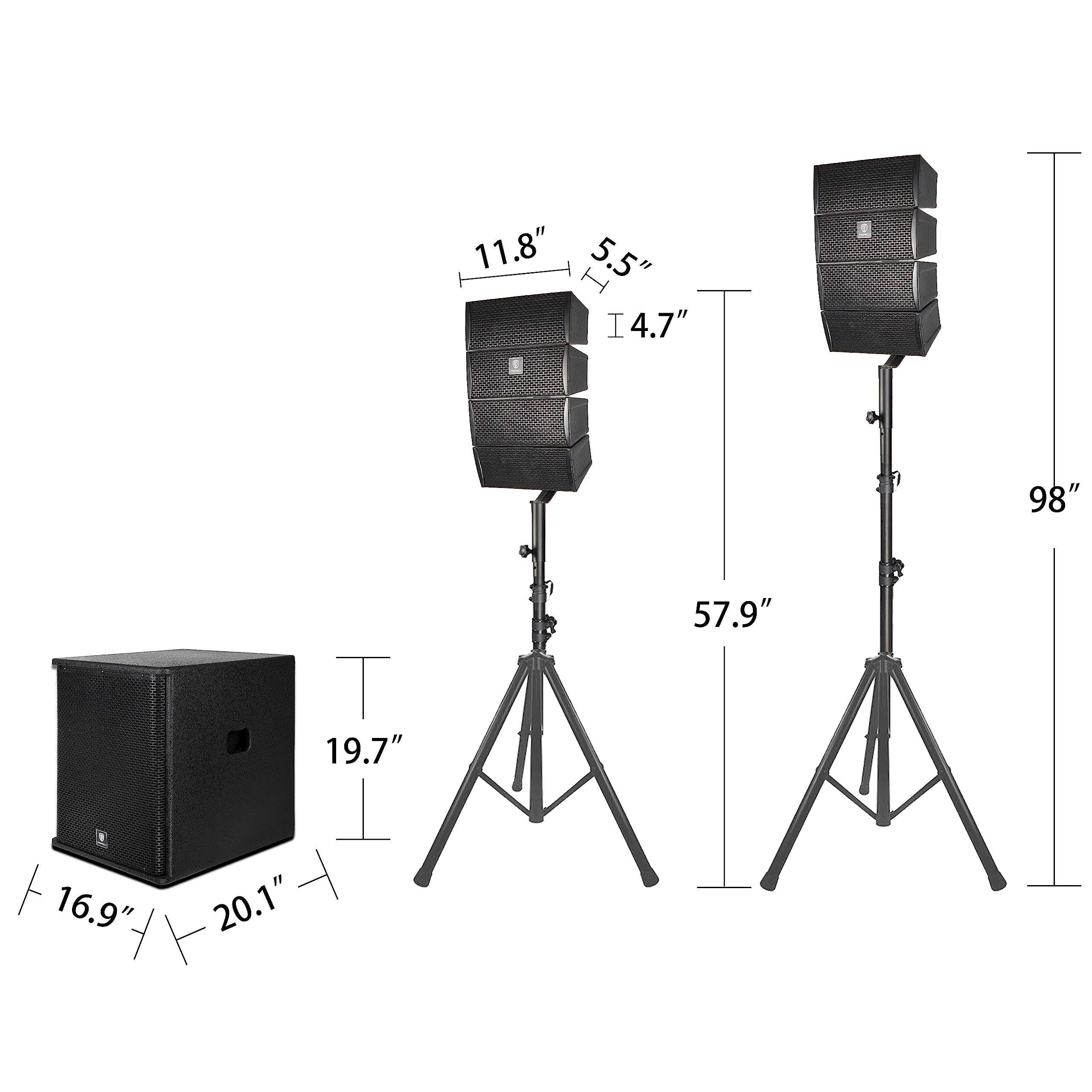 PRORECK Club 3500 15 inch subwoofer 3000W DJ Powered PA Speaker System Combo Set with 8 Array Speakers，Bluetooth, USB, SD Card, Remote Control, for Meeting, Speeches, Churches, Performances, DJ Gig