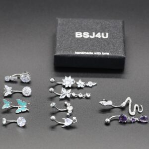 BSJ4U 10 Pieces Belly Button Rings Belly Ring Set for Women Navel Rings 14G Stainless Steel Hypoallergenic Belly Button Devil Heart Snake Butterfly Dangle Dangling Dangly Navel Belly Piercing Jewelry