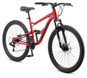 mongoose status mens and womens mountain bike, 27.5-inch wheels, 21 speed trigger shifters, aluminum frame, dual suspension, front and rear disc brakes, red