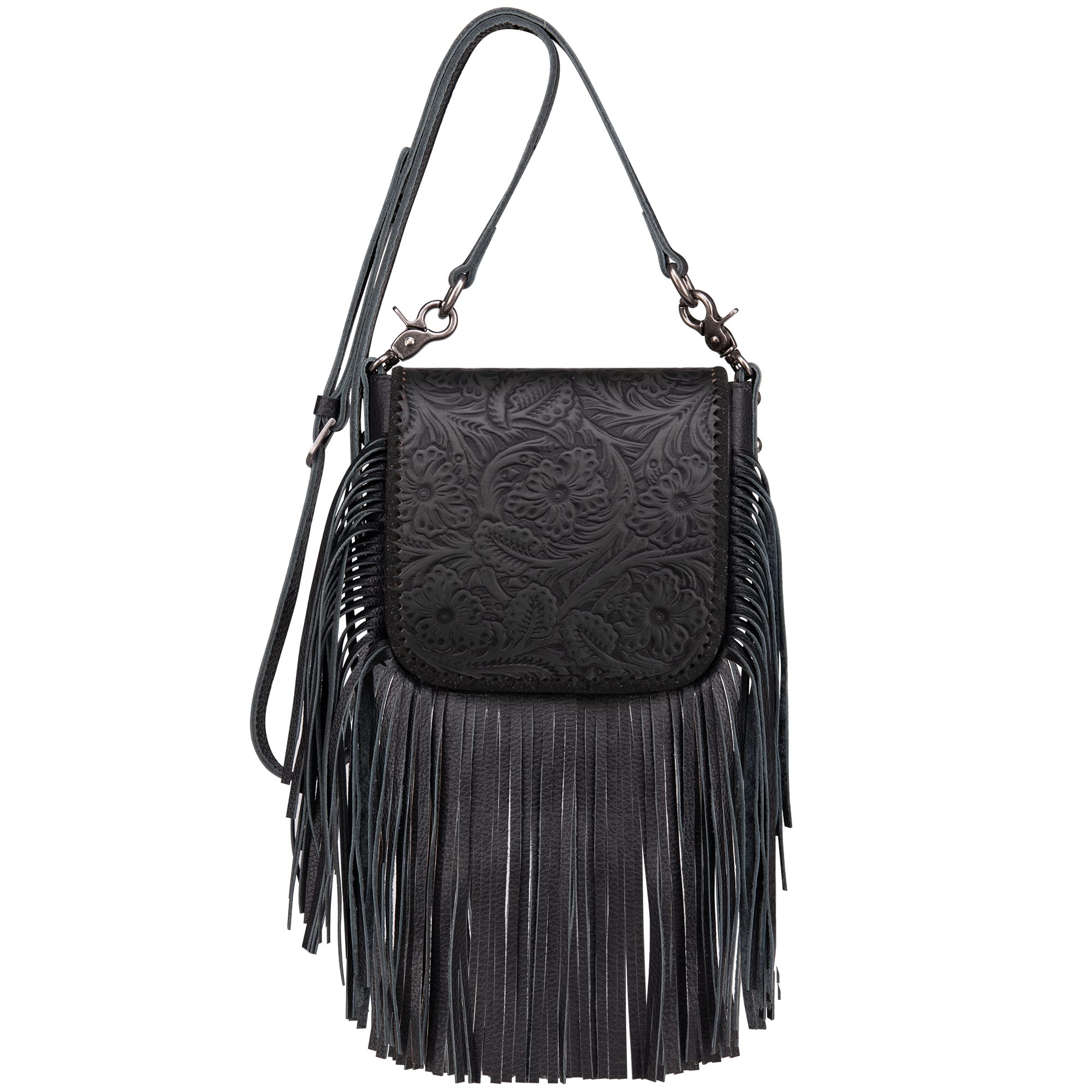 Women's Crossbody Handbags Western Purses for Women Small Crossbody Bags Tooled Leather Fringe Purse Black RLC-L159BK