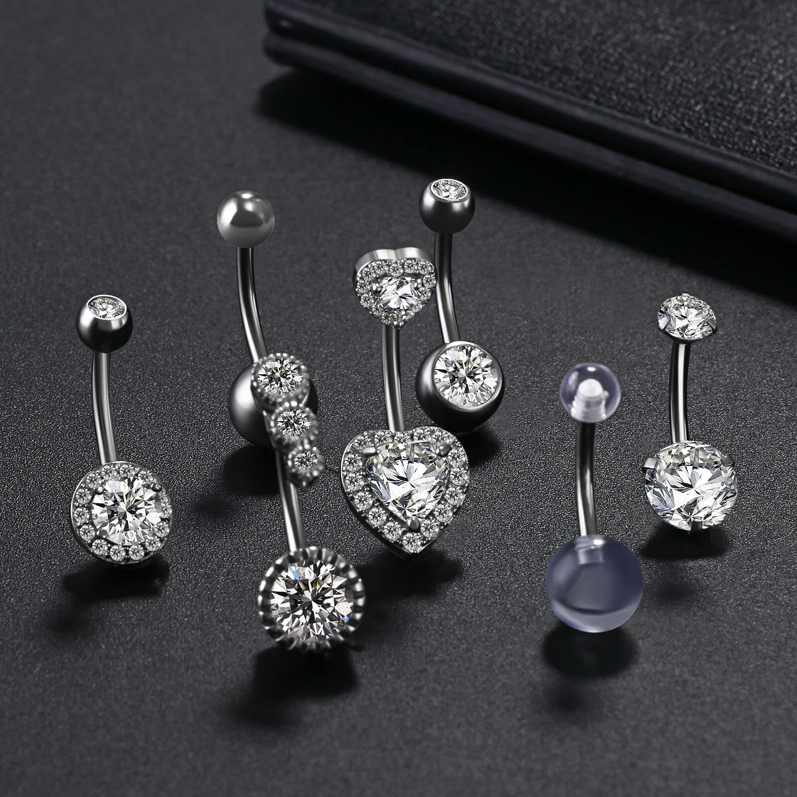 7pcs 14G Surgical Steel Clear CZ Belly Button Rings Navel Rings Barbell Piercing Style_GHT-875-638