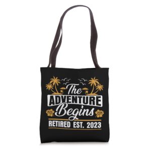 retired est 2023 retirement party the adventure begins beach tote bag