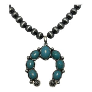 Western Women's Cowgirl Squash Blossom Horseshoe Navajo Pearl Turquoise Necklace