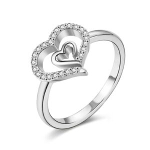 gold double heart ring for women delicate 14k gold plated heart in heart wedding jewelry promise love ring for her gift (925 silver - silver, 8)