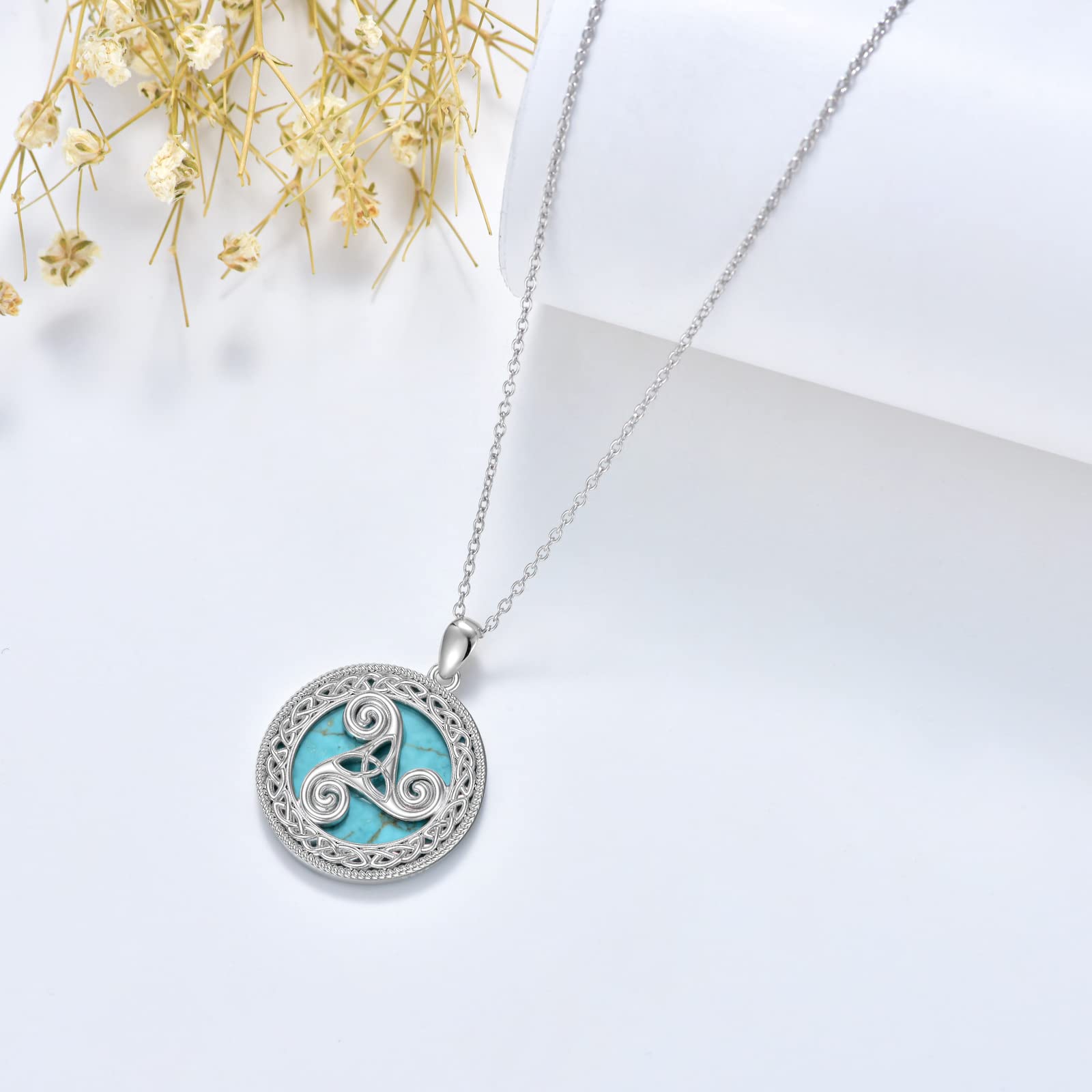 BETHZA Triple Spiral Celtic Necklace 925 Sterling Silver Genuine Turquoise Irish Knot Pendant Lucky Jewelry Gifts for Women Christmas St. Patrick's Day