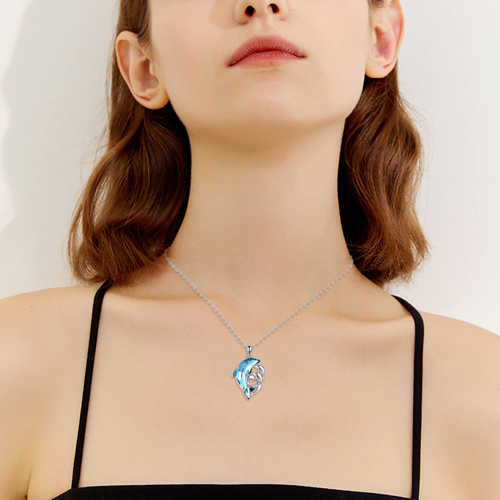 POPKIMI Dolphin Gifts for Women 925 Sterling Silver Dolphin Necklace Dolphin Mother and 1 Children2 Children3 Children4 Children Dolphins Necklace Pendant with Blue Dolphin Crystal Jewelry Beach