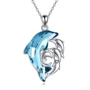 popkimi dolphin gifts for women 925 sterling silver dolphin necklace dolphin mother and 1 children2 children3 children4 children dolphins necklace pendant with blue dolphin crystal jewelry beach