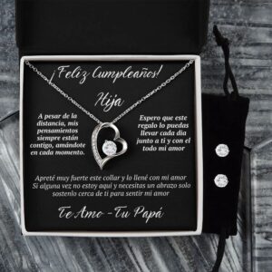 Regalo Para Hija de Papá a Mi Hija a la Distancia Set de Aretes y Collar de Corazon Para Mujer Regalo De Cumpleaños Para Hija, Father and Daughter Necklace Gift Set for Daughter Papá e Hija Collar Con Mensaje de Amor Personalizado Caja Regalo Incluida (Ca