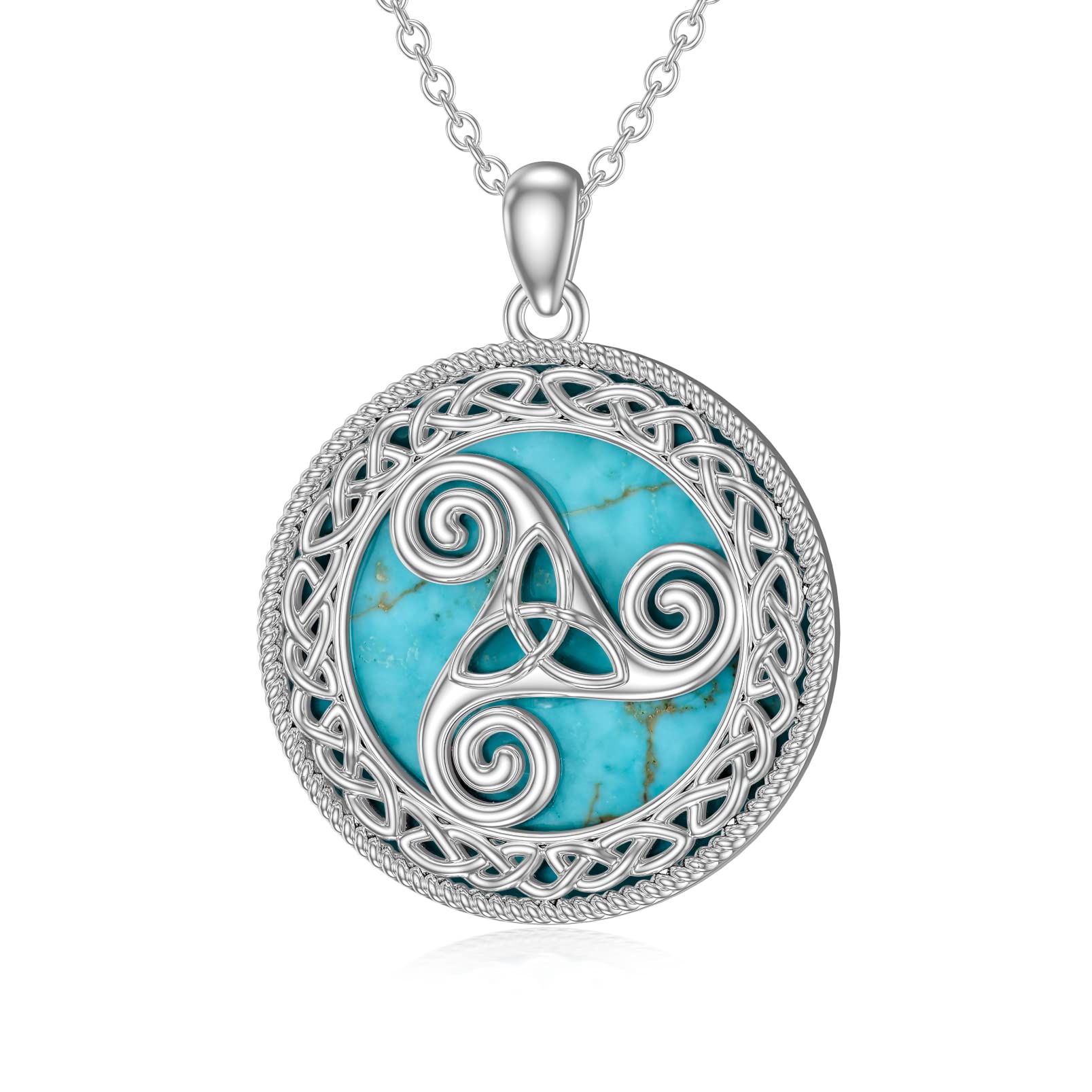 BETHZA Triple Spiral Celtic Necklace 925 Sterling Silver Genuine Turquoise Irish Knot Pendant Lucky Jewelry Gifts for Women Christmas St. Patrick's Day