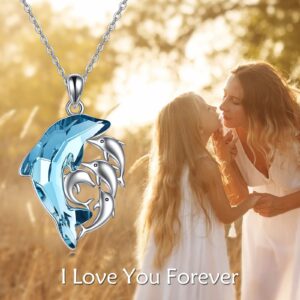 POPKIMI Dolphin Gifts for Women 925 Sterling Silver Dolphin Necklace Dolphin Mother and 1 Children2 Children3 Children4 Children Dolphins Necklace Pendant with Blue Dolphin Crystal Jewelry Beach