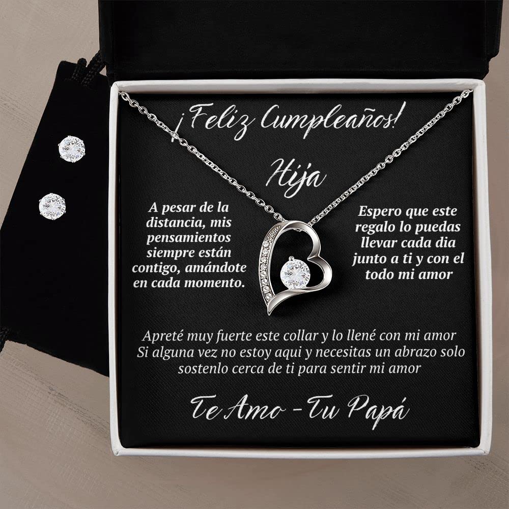 Regalo Para Hija de Papá a Mi Hija a la Distancia Set de Aretes y Collar de Corazon Para Mujer Regalo De Cumpleaños Para Hija, Father and Daughter Necklace Gift Set for Daughter Papá e Hija Collar Con Mensaje de Amor Personalizado Caja Regalo Incluida (Ca