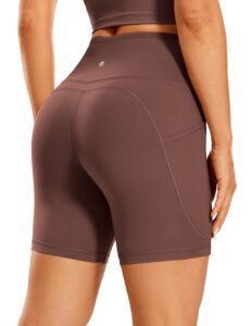 crz yoga women's brushed naked feeling biker shorts 6'' - high waist matte workout yoga gym spandex shorts side pockets taupe large