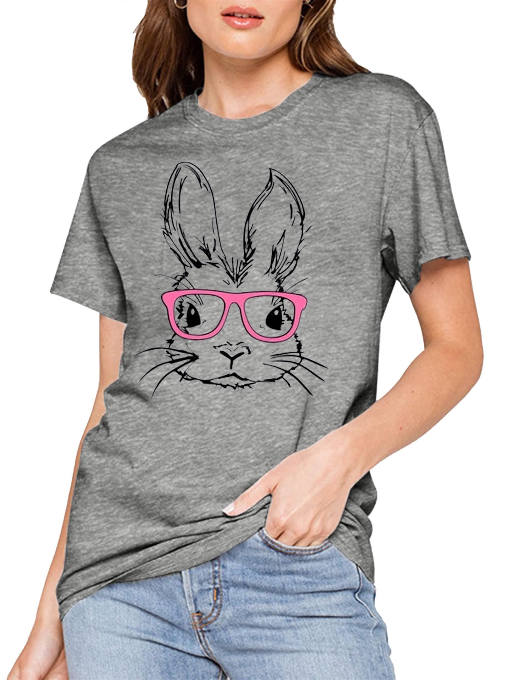 Funny Bunny Print T Shirt for Women Cute Grapic Leopard Shirts Family Blouse Gifts Easter Tops Tee(Grey02,X-Large)