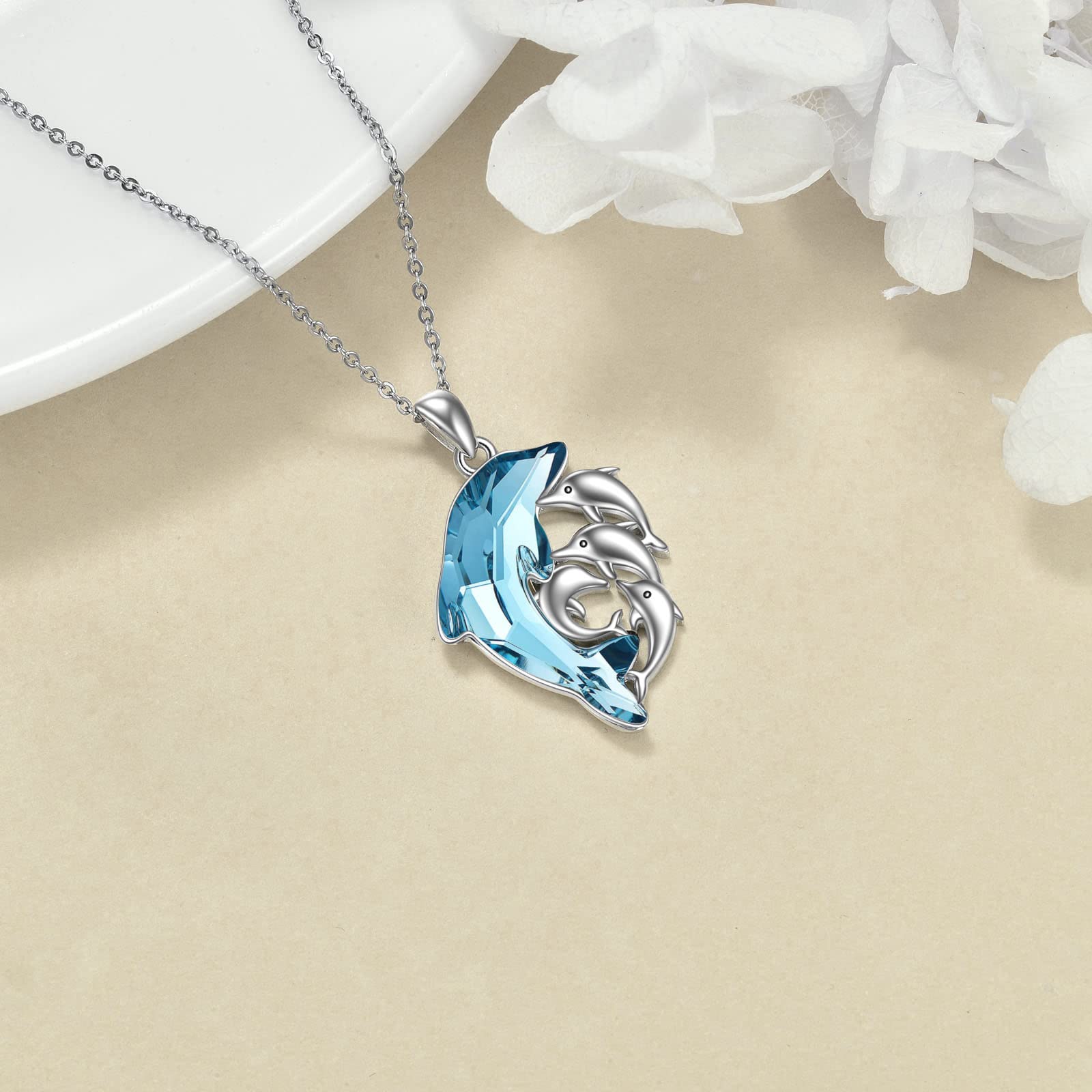 POPKIMI Dolphin Gifts for Women 925 Sterling Silver Dolphin Necklace Dolphin Mother and 1 Children2 Children3 Children4 Children Dolphins Necklace Pendant with Blue Dolphin Crystal Jewelry Beach