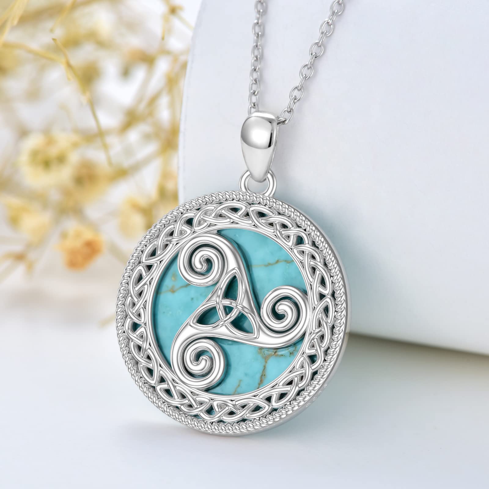 BETHZA Triple Spiral Celtic Necklace 925 Sterling Silver Genuine Turquoise Irish Knot Pendant Lucky Jewelry Gifts for Women Christmas St. Patrick's Day