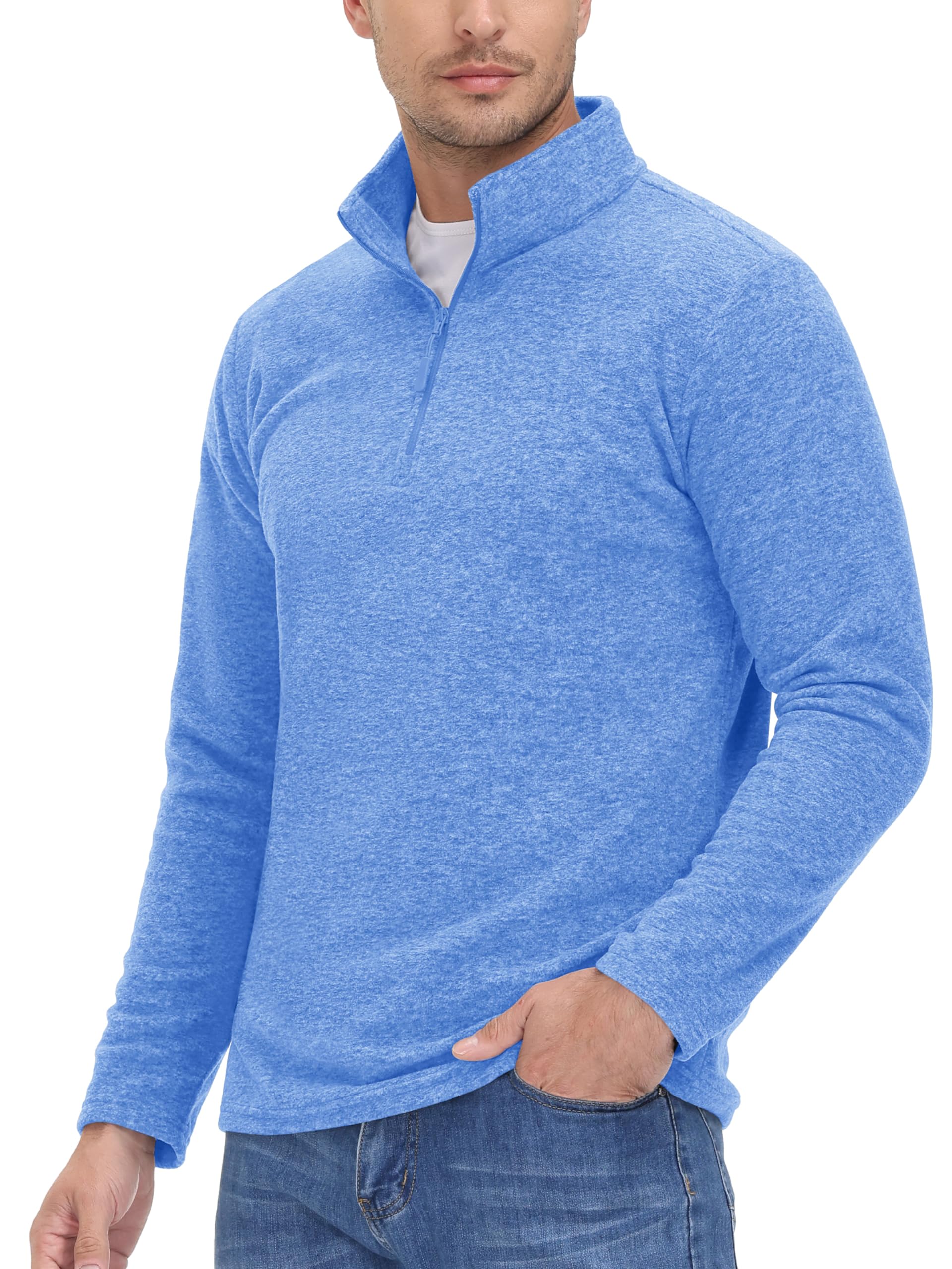 MAGCOMSEN Men's Quarter Zip Pullover Long Sleeve Athletic Shirt Gym Running Performance Tops Pullover Thermal Workout Sweatshirts Light Blue