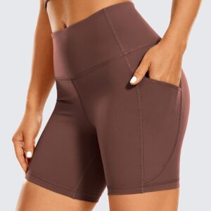 CRZ YOGA Women's Brushed Naked Feeling Biker Shorts 6'' - High Waist Matte Workout Yoga Gym Spandex Shorts Side Pockets Taupe Large