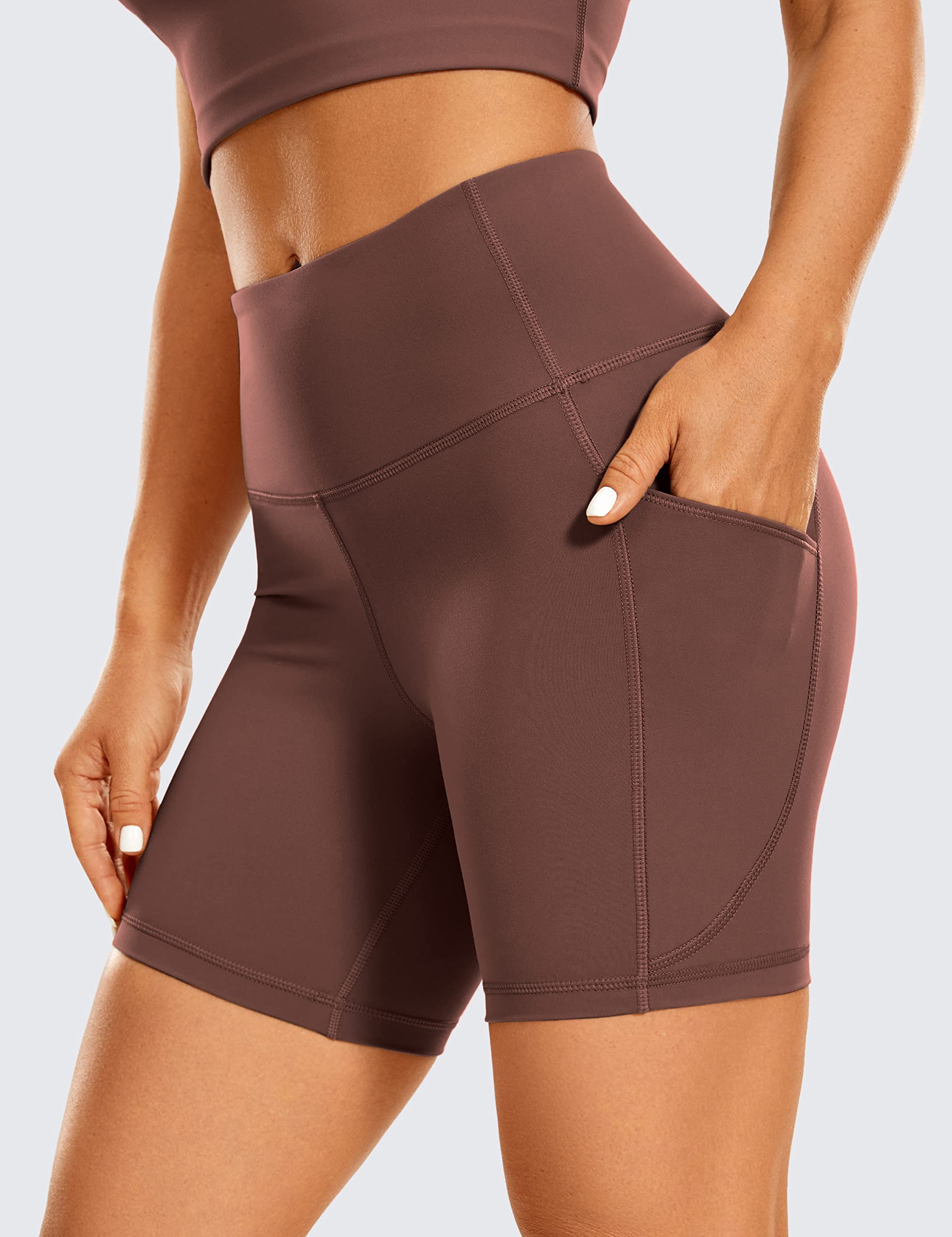 CRZ YOGA Women's Brushed Naked Feeling Biker Shorts 6'' - High Waist Matte Workout Yoga Gym Spandex Shorts Side Pockets Taupe Large