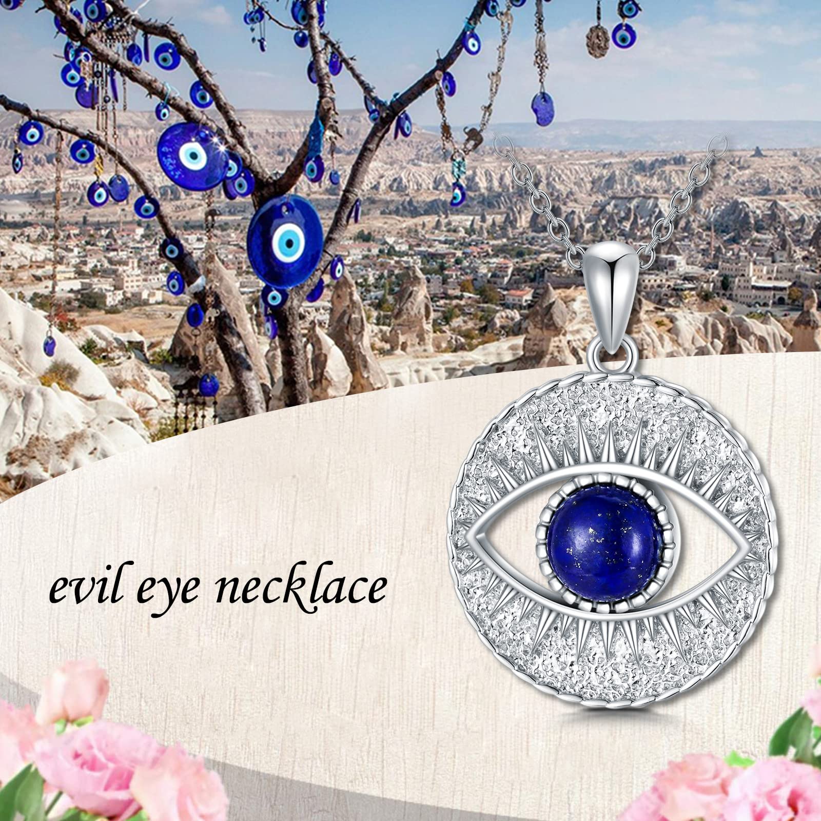 BETHZA Evil Eye Necklace 925 Sterling Silver Natural Blue Lapis Lazuli Gemstone Mal de Ojo Protection Pendant Lucky Amulet Jewelry Gifts for Women