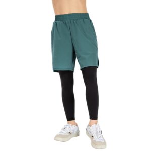 blaward boy's running training 2 in 1 compression tights pants workout shorts compression leggings for kids youth green blue