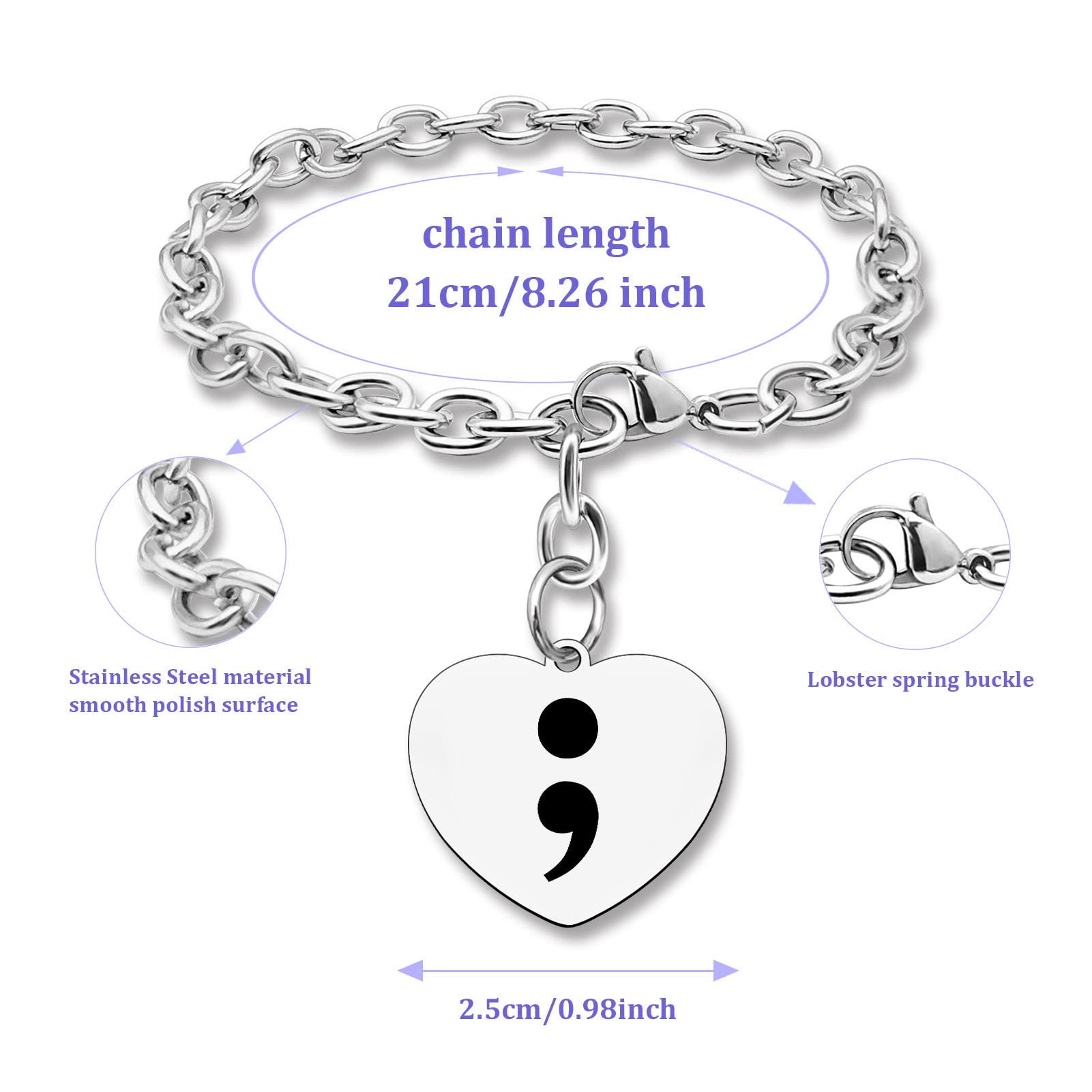 Semicolon Bracelet for Women Men Suicide Awareness Mental Health Stainless Steel Engraving Bracelet Birthday Gift for Cancer Survivor Prevention Awareness Depression Inspirational Gift Jewelry Gift