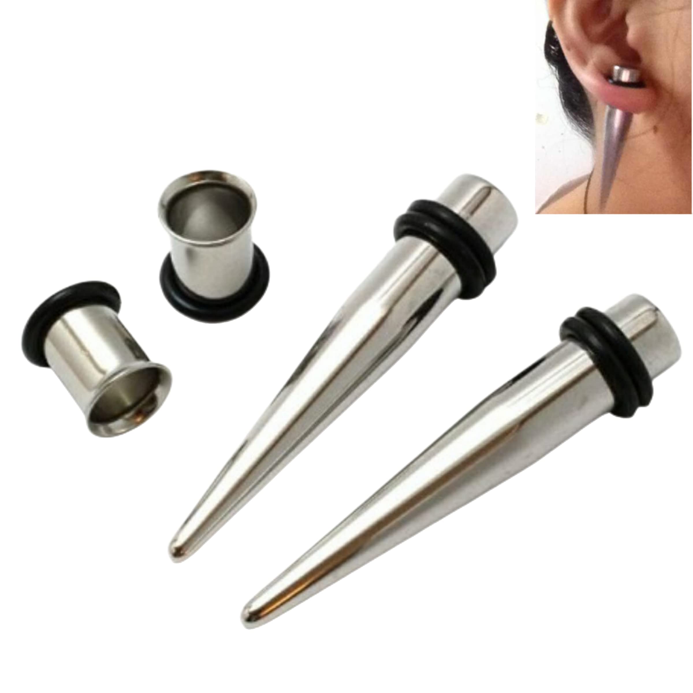 FANBODTA Stainless Steel Ear Gauge Taper Stretching and Single Flare Plugs Flesh Tunnel Kit (1G - 7mm) 2 Steel Tapers & 2 Steel Tunnels (4 Pieces) Tunnels Ear Stretching Kit Gauges Gauging Plugs