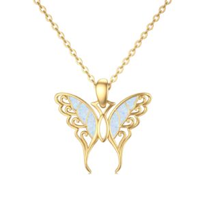 sisgem 14k real gold butterfly necklace with blue opal for women teen girls,yellow gold butterfly pendant necklace dainty filigree butterfly jewelry gifts for birthday christmas 16+1+1 inch, gold,