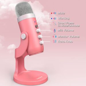 ZealSound Gaming USB Pink Microphone with Quick Mute for Phone Computer PC PS5,Studio Mic with Gain Control,Echo&Monitor Volume Adjust for Streaming Vocal Recording ASMR Podcast Video K66