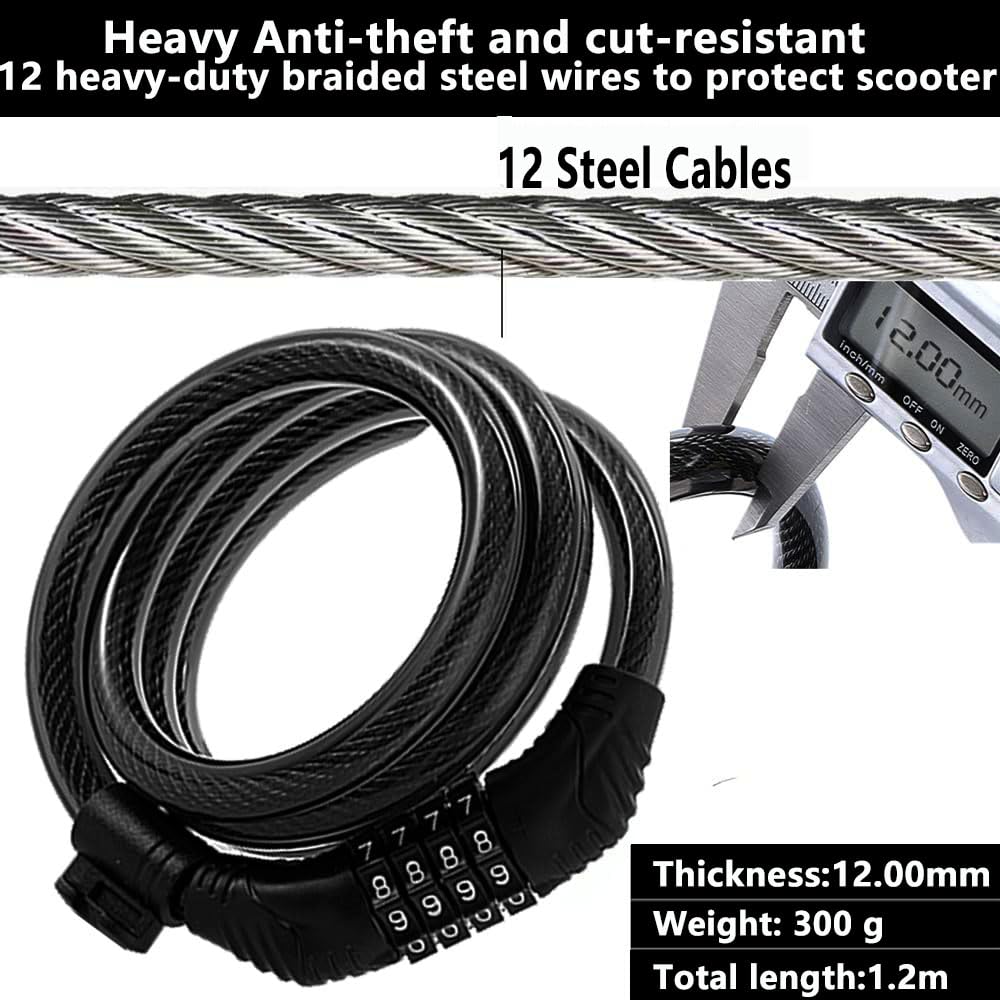 E Scooter Lock,Bike Lock Combination Lock Cable Compatible for Xiaomi M365/Max/GXL/Ninebot/Segway Scooter/Moto/Bicycle Lock 4ft Long/0.472In Scooter Anti-Theft Ideal Lock 4-Digit/12 Steel Cables Lock