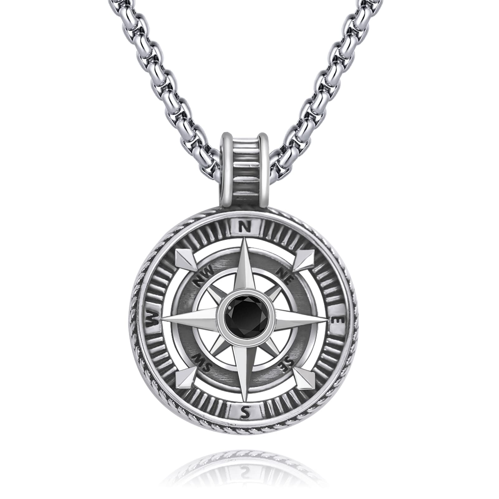 DOTBJ Compass Necklace for Men 925 Sterling Silver Pendant with Stainless Steel Chain 22"+2"