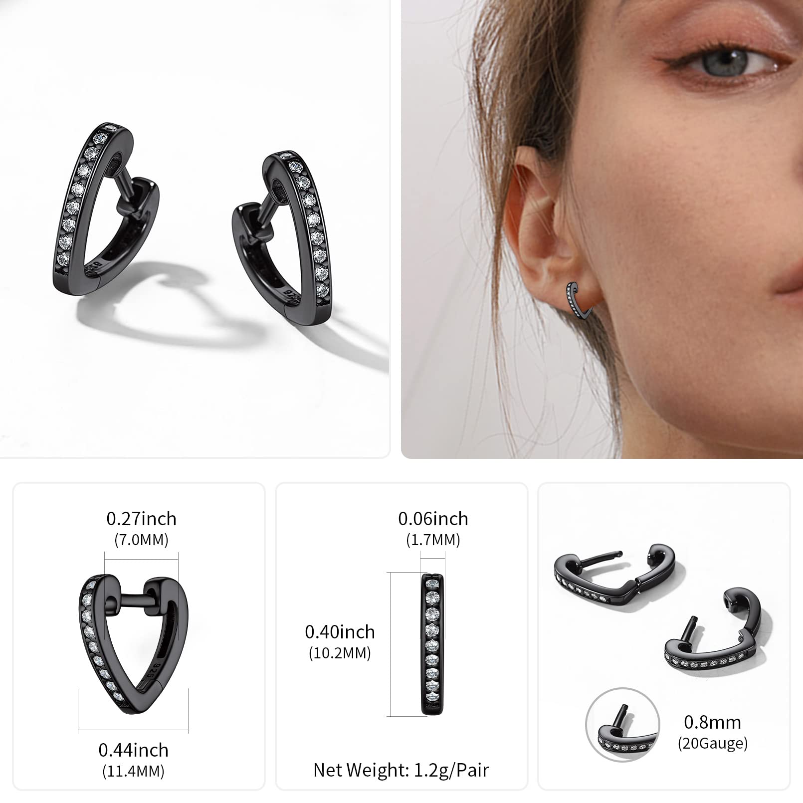 ChicSilver 7MM Small Black Hoop Earrings for Women 925 Sterling Silver White Cubic Zirconia Heart Huggie Earrings Hypoallergenic Lightweight Tiny Hoops Cartilage Earrings