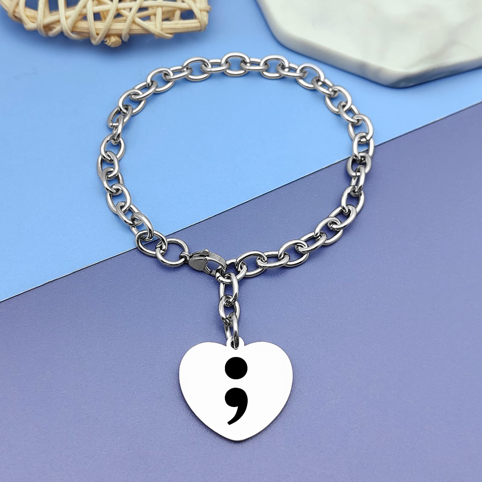 Semicolon Bracelet for Women Men Suicide Awareness Mental Health Stainless Steel Engraving Bracelet Birthday Gift for Cancer Survivor Prevention Awareness Depression Inspirational Gift Jewelry Gift