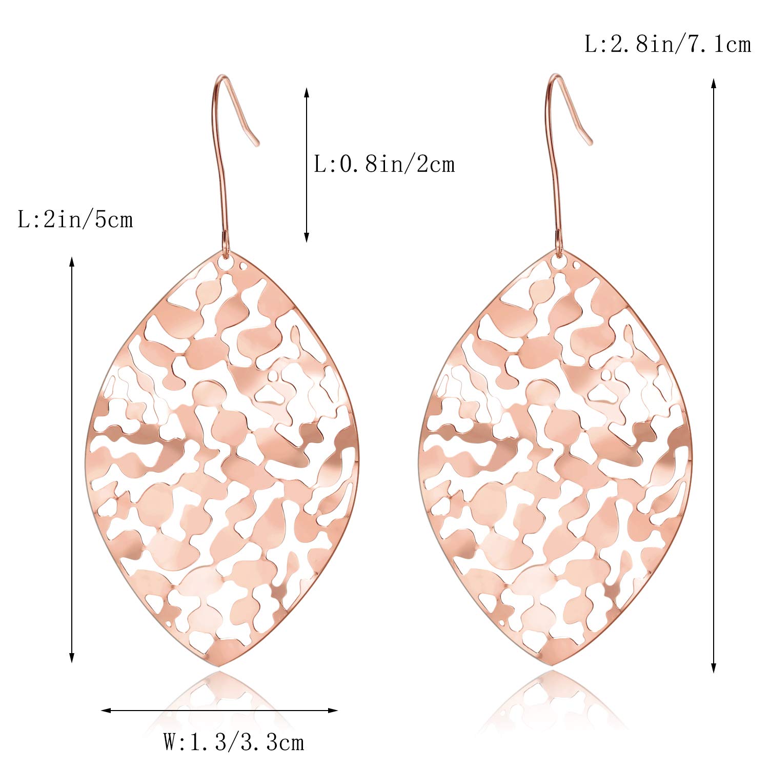 Cyan Birdee Leaf Dangle Earrings for Women Gold-plated Filigree Dropping Lightweight Fashion Jewelry, Mother's Day Gift (Rose Gold Leaf)