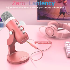 ZealSound Gaming USB Pink Microphone with Quick Mute for Phone Computer PC PS5,Studio Mic with Gain Control,Echo&Monitor Volume Adjust for Streaming Vocal Recording ASMR Podcast Video K66