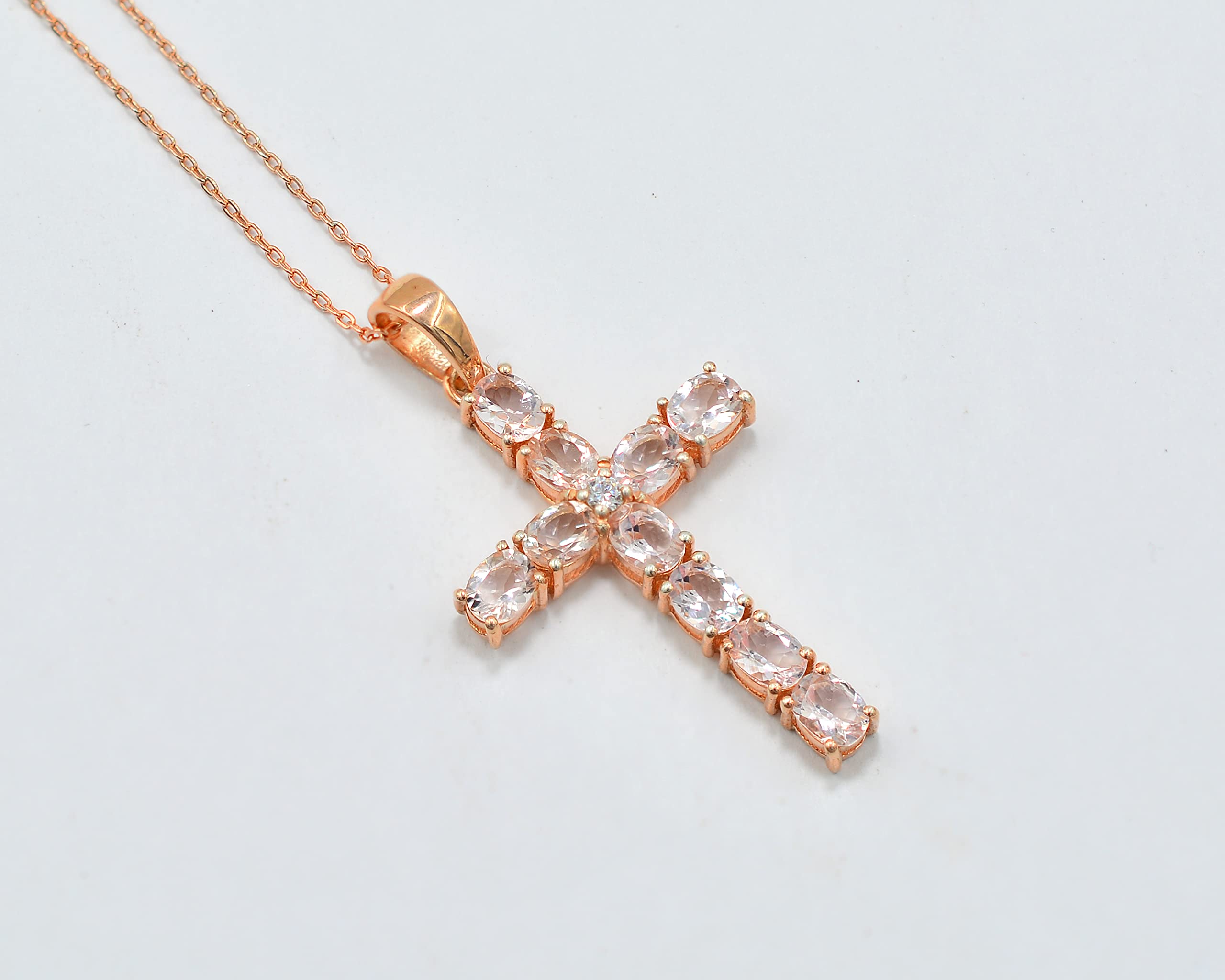 Natural Pink Morganite 5X4 MM Gemstone Holy Cross Pendant Necklace 925 Sterling Silver October Birthstone Morganite Jewelry Proposal Gift For Girlfriend(PD-8323) (16 Inches, Rose Gold Plated Silver)