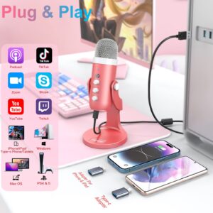 ZealSound Gaming USB Pink Microphone with Quick Mute for Phone Computer PC PS5,Studio Mic with Gain Control,Echo&Monitor Volume Adjust for Streaming Vocal Recording ASMR Podcast Video K66