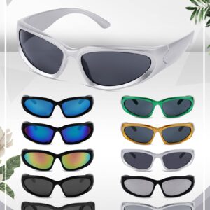 10 Pairs Y2K Wrap Around Sunglasses Multicolor Black Blue Silver Oval Shaped Sport Sunglasses Eyewear for Women Men 10 Colors