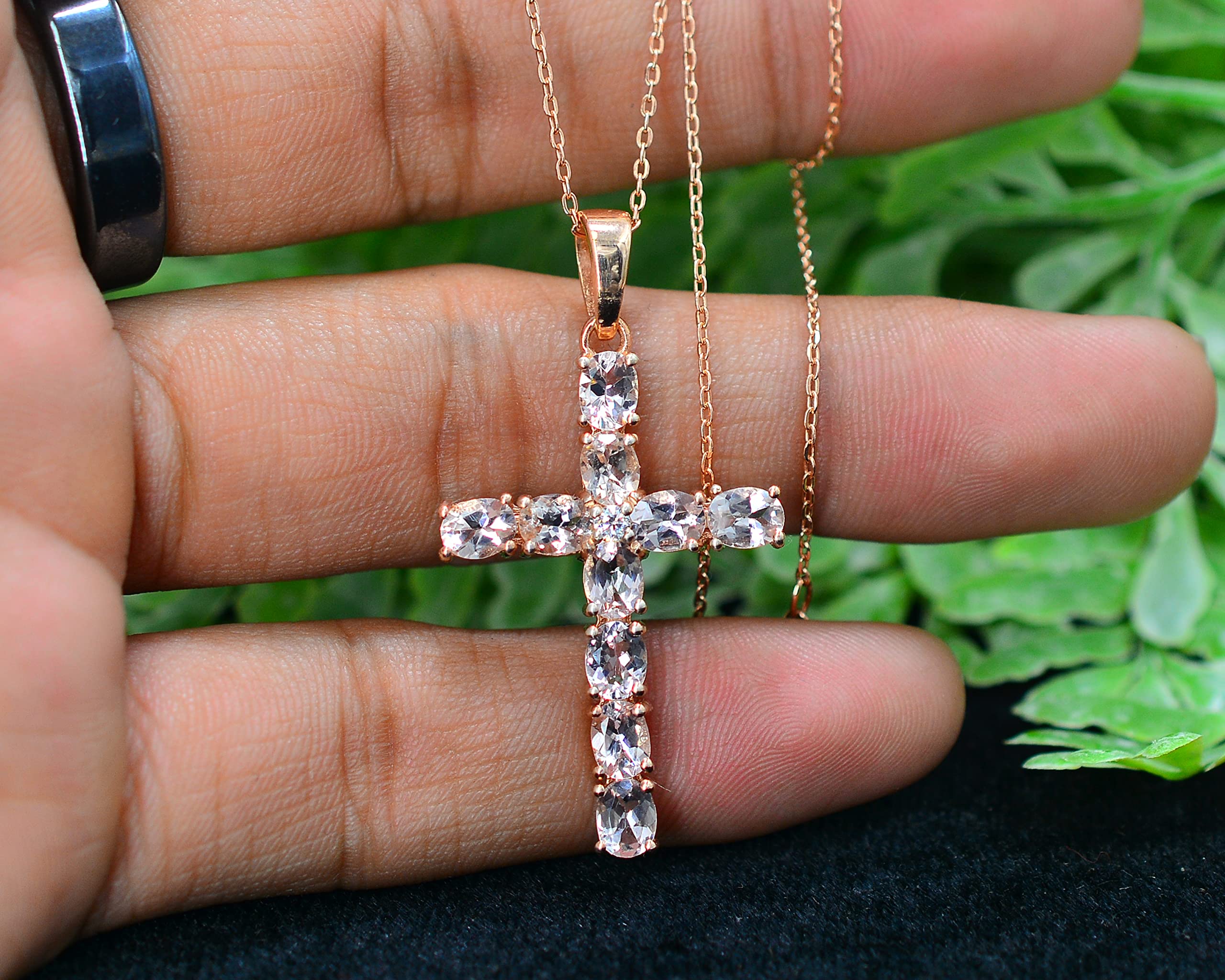 Natural Pink Morganite 5X4 MM Gemstone Holy Cross Pendant Necklace 925 Sterling Silver October Birthstone Morganite Jewelry Proposal Gift For Girlfriend(PD-8323) (16 Inches, Rose Gold Plated Silver)