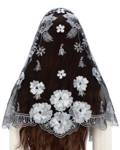 bozidol catholic chapel mantilla veil floral embroidery spanish lace scarf church mass veil for women (sliver black)