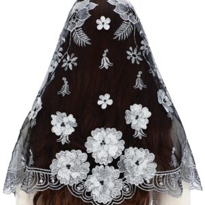 Bozidol Catholic Chapel Mantilla Veil Floral Embroidery Spanish Lace Scarf Church Mass Veil for Women (Sliver Black)