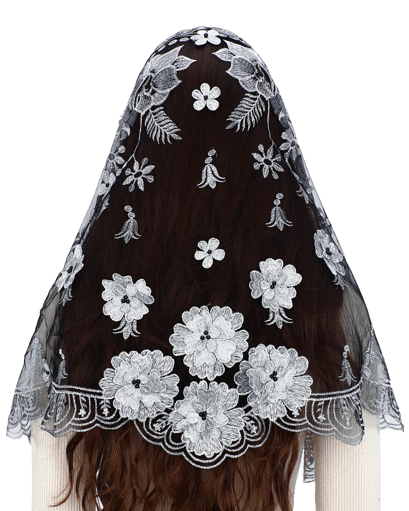 Bozidol Catholic Chapel Mantilla Veil Floral Embroidery Spanish Lace Scarf Church Mass Veil for Women (Sliver Black)