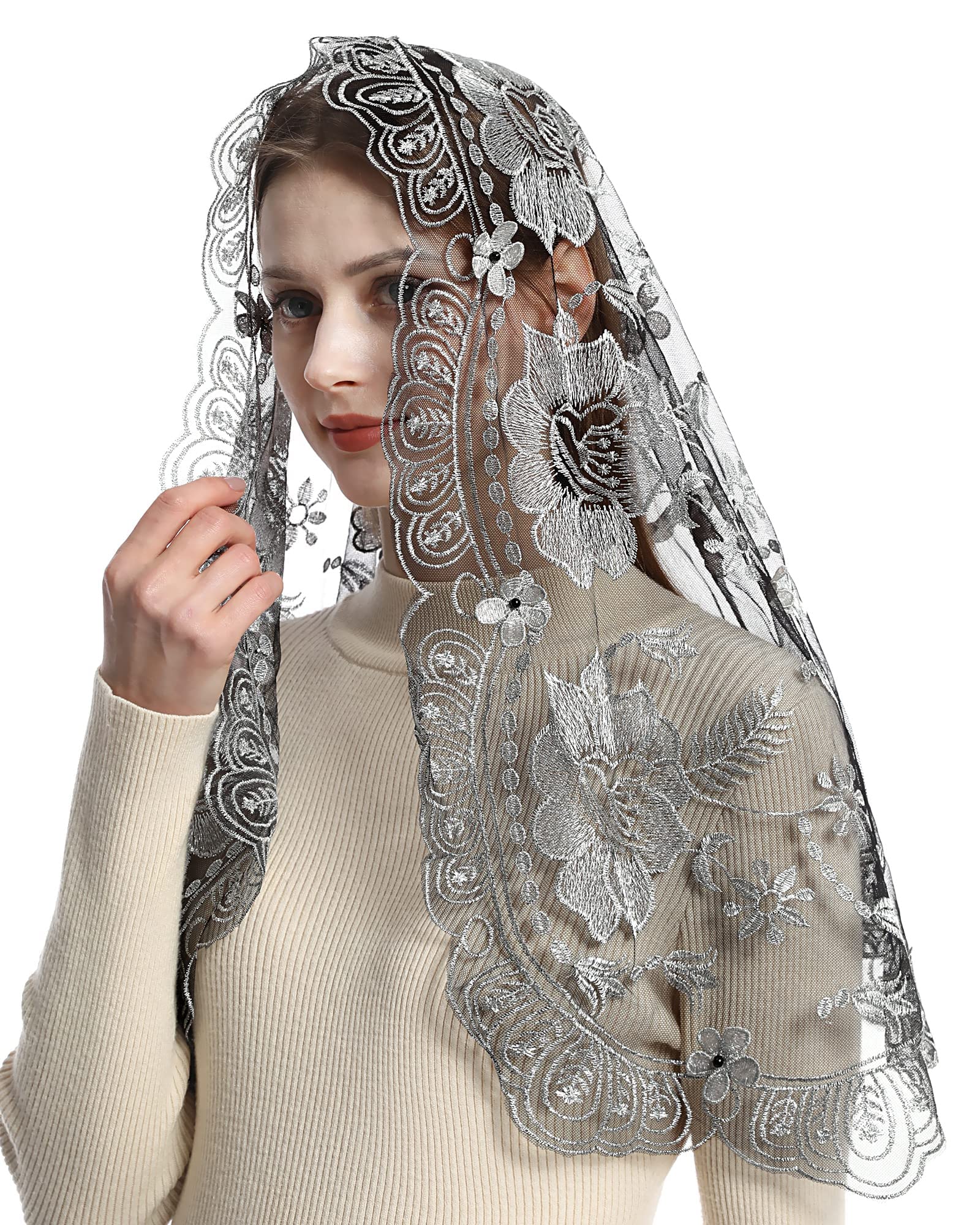 Bozidol Catholic Chapel Mantilla Veil Floral Embroidery Spanish Lace Scarf Church Mass Veil for Women (Sliver Black)