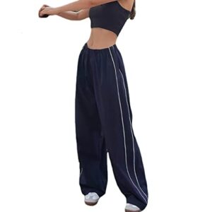 MANGMAO Womens Y2k Track Pants Y2k Clothing Parachute Pants High Waisted Cargo Pants with Pockets Trendy Baggy Sweatpants (Navy,S,Small)