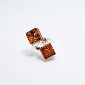 AMBER ALEX Cognac Amber Square Shape Adjustable Ring Sterling Silver, Genuine Baltic Amber.