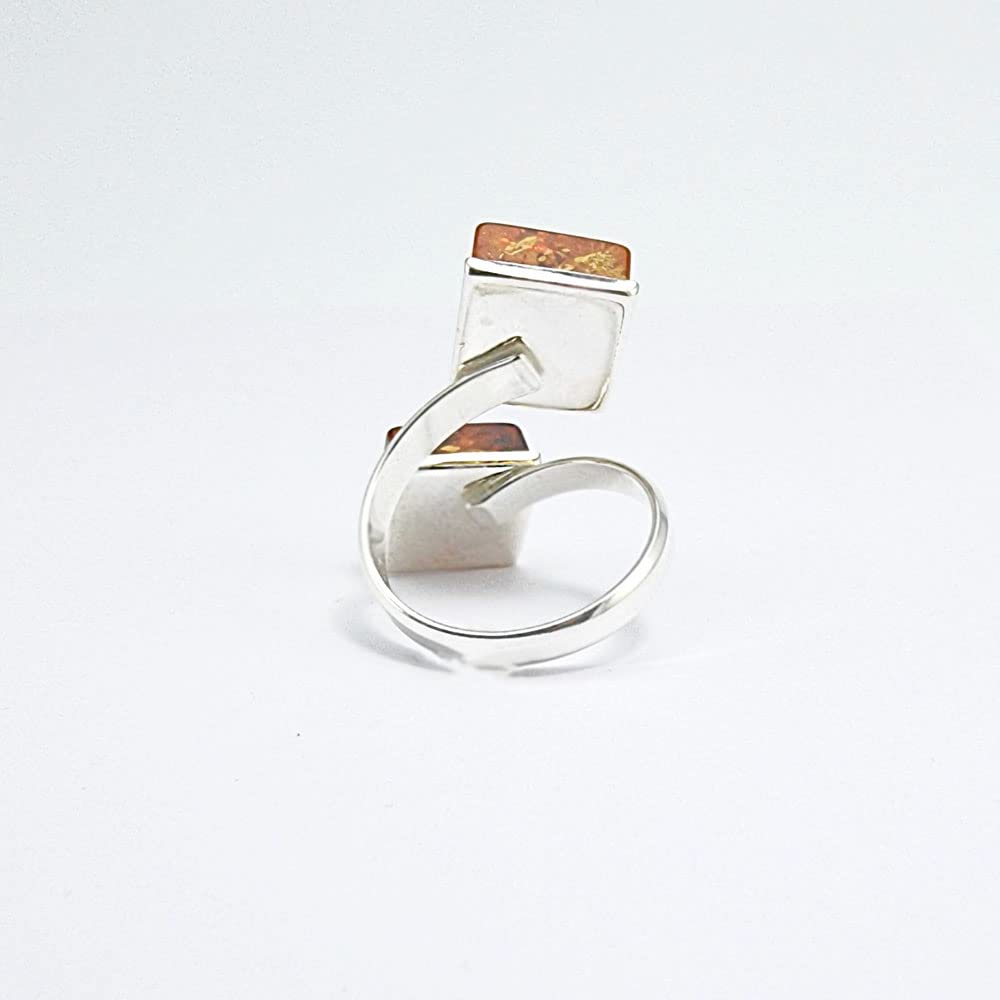 AMBER ALEX Cognac Amber Square Shape Adjustable Ring Sterling Silver, Genuine Baltic Amber.