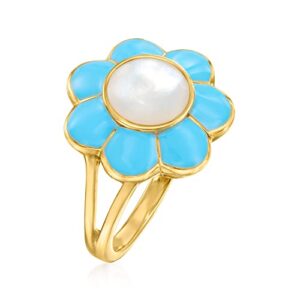 Ross-Simons Mother-Of-Pearl and Blue Enamel Flower Ring in 18kt Gold Over Sterling. Size 8