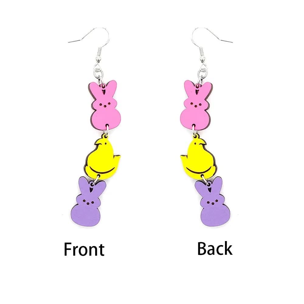 Easter Earrings Personalized Cute Bunny Chick Earrings Easter Gift Three-section Hanging Wooden Earrings For Women Holiday Stud Earrings