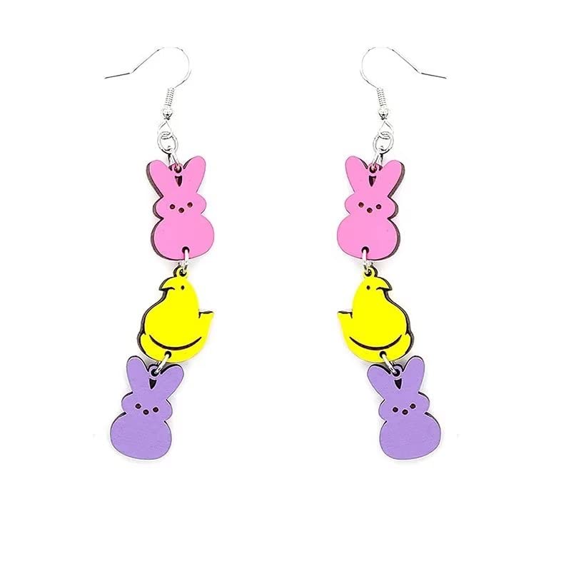 Easter Earrings Personalized Cute Bunny Chick Earrings Easter Gift Three-section Hanging Wooden Earrings For Women Holiday Stud Earrings