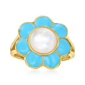 ross-simons mother-of-pearl and blue enamel flower ring in 18kt gold over sterling. size 8