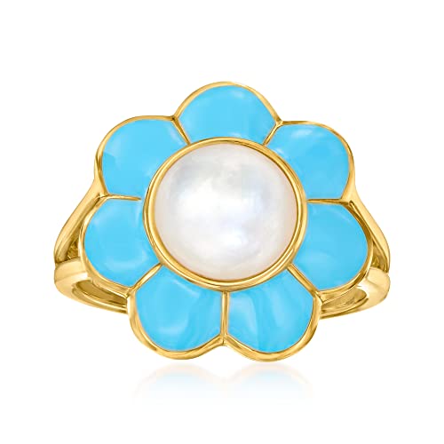 Ross-Simons Mother-Of-Pearl and Blue Enamel Flower Ring in 18kt Gold Over Sterling. Size 8